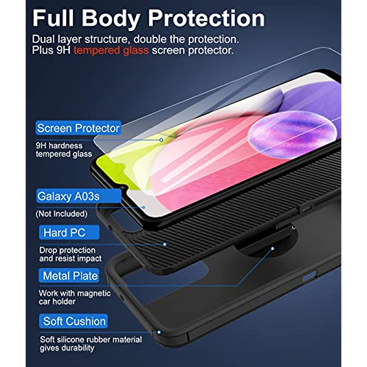 Dahkoiz for Samsung Galaxy A03S Case, with Tempered Glass Screen Protector, Dust Proof Port Cover, Full Body Protection Rubber Cover Phone Case for Samsung Galaxy A03S/A02S, Black/Black