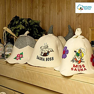 Natural Textile Sauna Hat 'Sauna Boss' White - 100% Organic Wool Felt Hats for Russian Banya - Protect Your Head from Heat - Sauna eBook Guide Included - with Embroidery