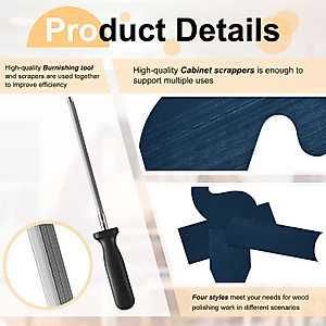 Cabinet Scraper Burnisher with 4 Piece Multi Shaped Scraper Set Manganese Steel Rectangle Curved Beveled Card Scraper Woodworking Carving Hand Cabinet Scraper Tool for Woodworking Project Kits