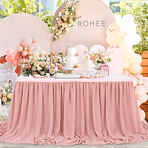 14FT Dusty Rose Chiffon Table Skirt Sheer Rectangle Tablecloth for Wedding 1st Baby Girl Birthday Party Bridal Shower Decoration