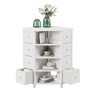LUMTOK 8 Drawers Corner Dresser with Storage Fabric Drawers and Open Shelves for Small Space，Bedroom，Entryway，Living Room(White)