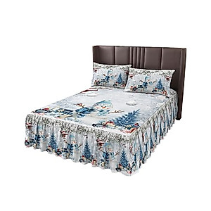 AMZRicher Snowman Wrap Around Pleated Bed Skirts for Queen Bed 60x80, Decorative Dust Ruffle Bed Sheet & Bedskirt 18'' Drop Bedspread with Pillow Case 20x30 Christmas Winter Farmhouse Ball Snowflake