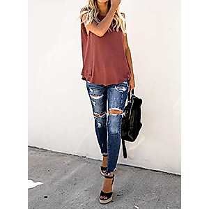 Dokotoo Womens Ladies Basic Solid Summer Casual Round Neck Waffle Knit Ribbed Loose Fit Long Tunic Tank Tops Sleeveless Shirts Cami Tops Blouses Tees Vest Wine Large