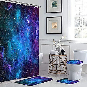 Universe Outer Space Theme 4 Pcs Toilet Lid Cover Bath Mat, Starry Galaxy Shower Curtain Set with Rugs, Flower Shower Curtain with 12 Hooks, Shower Curtain for Bathroom (Starry Sky)