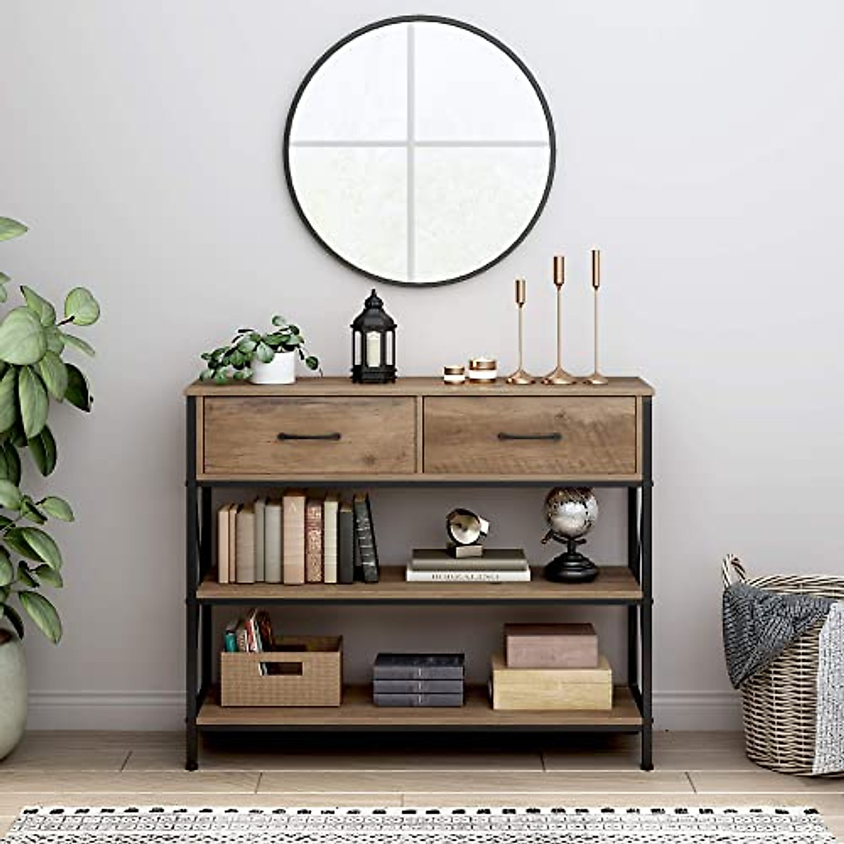 URKNO Console Table with Drawers, Rustic Hallway Table with Storage Shelves, Narrow Long Sofa Entryway Table for Living Room, Metal Frame, Rustic Brown