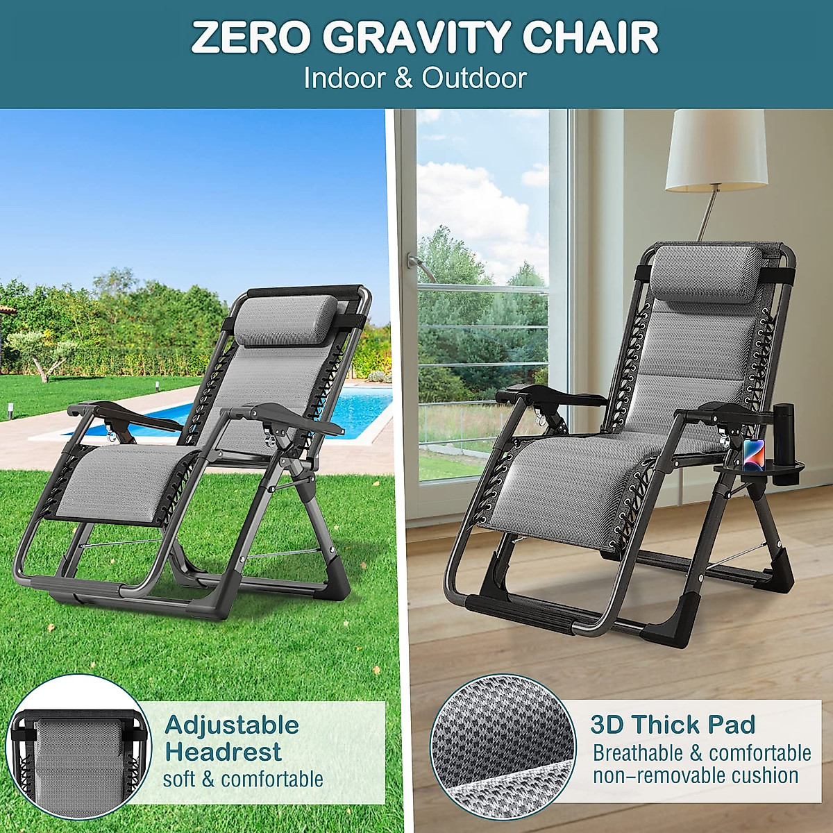 Barbella Zero Gravity Chair Reclining Lounge Chair Patio Chairs, Adjustable Lawn Recliner Folding Lounge Recliners with Removable Cushion, Headrest & Cup Holder, Ice Touch Silk Reclining Chair