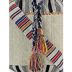 The House of Tara Grey Multicolour Handloom Fabric Crossbody Sling Shopping Bag with Tassels and Boho Ethnic Design for Women