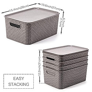 EZOWare Set of 8 Lidded Storage Bins, Large Plastic Stackable Weaving Wicker Basket Box Containers with Lid and Handle, (15.4" x 10.5" x 6.7" + 11" x 7.3" x 5.1")