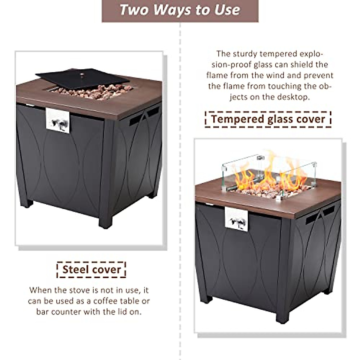 ESSENTIAL LOUNGER 28” Propane Gas Fire Pit Table, 50,000BTU Auto-Ignition Propane Gas Fire Table, with Tempered Glass Cover and Black Steel Lid