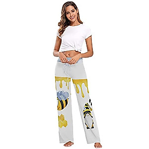 Yellow Flying Bee Dressed Up Gnome Honeycomb on White Pajama Lounge Pants Drawstring Stretch Pants Wide Leg(L)