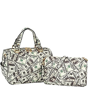 Womens Girls Hundred Dollar Bill Money Theme Novelty Satchel Purse Crossbody Clutch Shoulder Bag (2-in-1 Barrel Satchel)