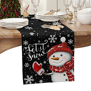Black Snowman Christmas Table Runner 60 Inches Long, Xmas Winter Snowflake Farmhouse Dress Scarves, Classic Black Dining Tablerunner for Coffee Table/Kitchen Island/Party Christmas Décor, 13" x 60"