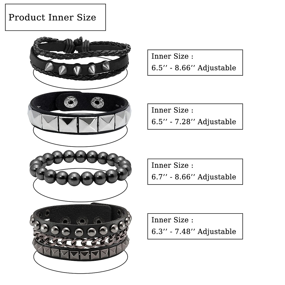 Eigso 4 Pcs Punk Leather Bracelet Hematite Black for Men Women Adjustable Spike Metal Cuff Bangle