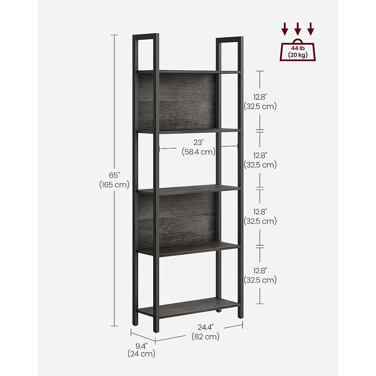 VASAGLE 5-Tier Bookshelf, Book Shelf, Industrial Bookcase, with Steel Frame, for Living Room, Home Office, Bedroom, 9.4 x 24.4 x 65 Inches, Charcoal Gray and Black ULLS025B04