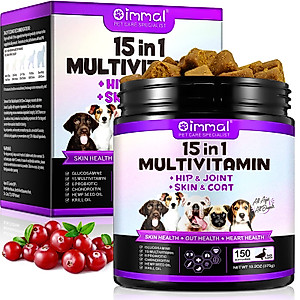 Dog Vitamins and Supplements, 15-in-1 Dog Multivitamin Chews with Glucosamine and Probiotics, Natural Daily Vitamins Treats for Dogs, Pet Health Support-Skin-Immunity-Gut Digestion-Joint-Heart,150pcs