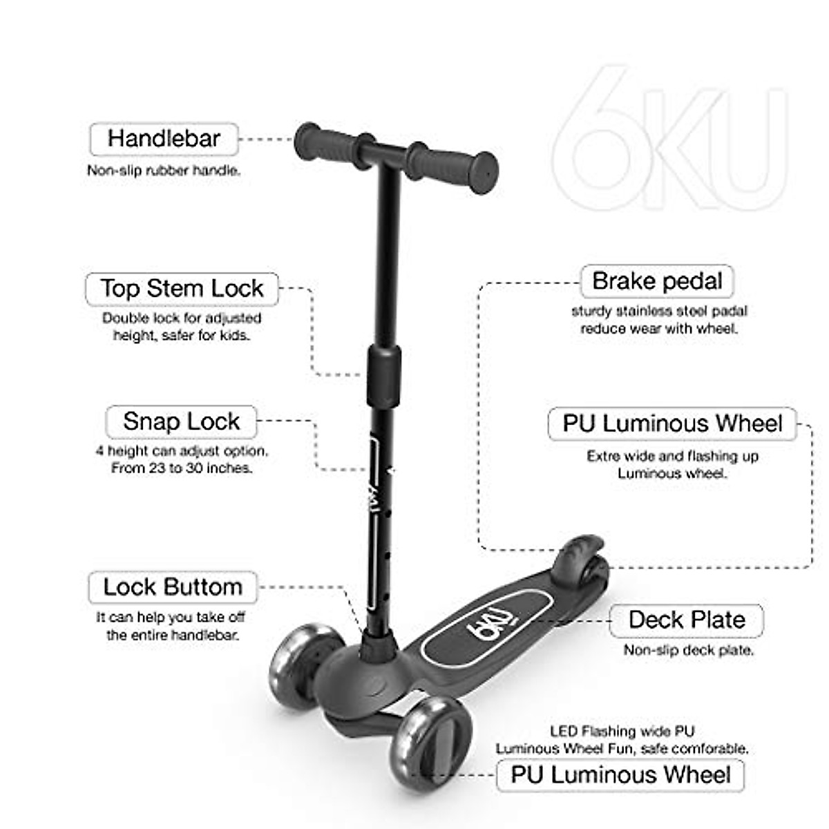 6KU Scooter for Kids Ages 3-5 with Flash Wheels, Kids Scooter 4 Adjustable Height, Toddler Scooter Extra-Wide PU LED Wheels, 3 Wheel Scooter for Kids for Girls & Boys Learn to Steer(Black)