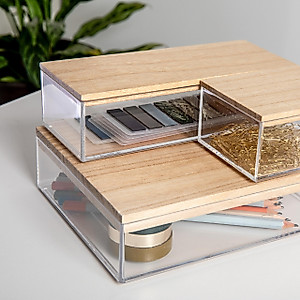 Martha Stewart Brody Plastic Storage Organizer Bins with Paulownia Wood Lids for Home Office,-Kitchen, or-Bathroom, 3 Pack 1-Small/1-Medium/1-Large, Clear/Lt Natural