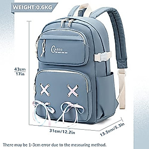 El-fmly Lightweigt School Bookbag Anti Theft Travel Daypack Backpack with Cute Ribbon for Teen Girls Children (Gray blue)