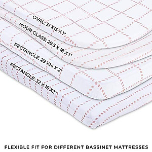 Petit Dreams Bassinet Sheet Jersey Knit Cotton for Baby Girl Flexible Fit for Multiple Size Bassinet Mattresses & Mini Co-Sleepers, Dotted Stripes & Grid Lines, (Pack of 2)