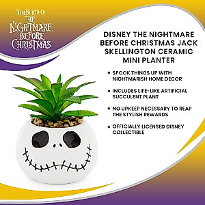 Toynk Disney The Nightmare Before Christmas Jack Skellington 3-Inch Ceramic Mini Planter with Artificial Succulent | Small Flower Pot, Faux Indoor Plants for Desk Shelf, Home Decor Trinket Tray