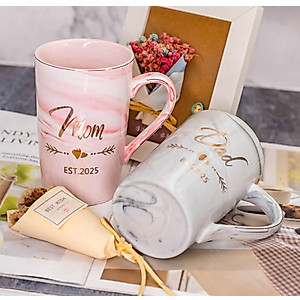 Mugpie Dad and Mom Couple Mugs - New Parents Gifts First Time Pregnancy Gifts EST 2025 Dad and Mom Coffee Mug Set- Elegant Gifts for Baby Shower Mother's Day Father's Day - 12.5oz Ceramic Coffee Cup