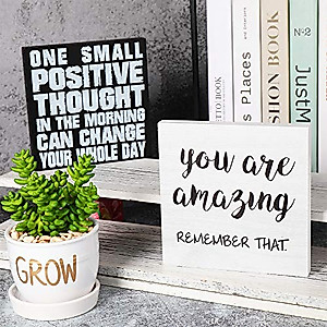 2 Pieces Wooden Inspirational Box Signs You Are Amazing Desk Home Decor Signs Rustic Positive Wood Plaque, One Small Positive Thought in the Morning Can Change Your Whole Day Sign, 5.25 Inch