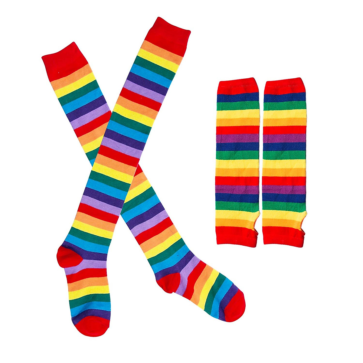 Chalier Womens Rainbow Socks Striped Knee High Socks Arm Warmer Fingerless Gloves Set (Red)
