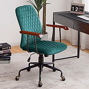 Velvet Home Office Desk Chair with Wooden Armrests, Adjustable Swivel Vintage Mid-Back Leisure Chair with Padded Seat, Task Chair Upholstered Computer Chair for Work Study (Green)