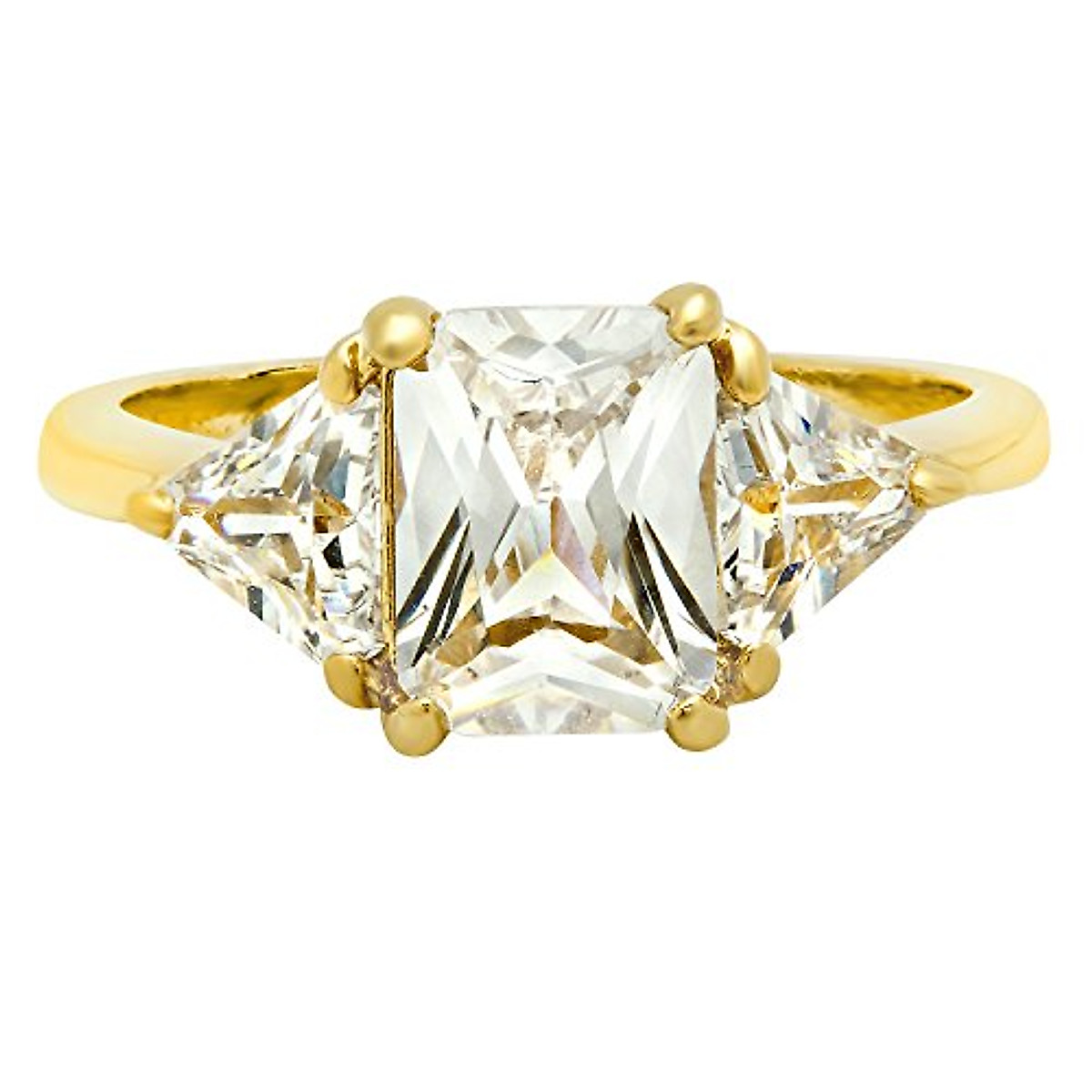 The Bling Factory Gold Plated Emerald-Cut Crystal-Clear Clear CZ Three-Stone Ring, Size 4