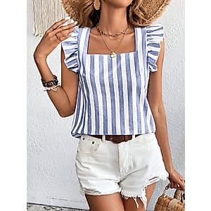 WDIRARA Women's Striped Ruffle Cap Sleeve Square Neck Boho Summer Blouse Casual Top Blue and White M