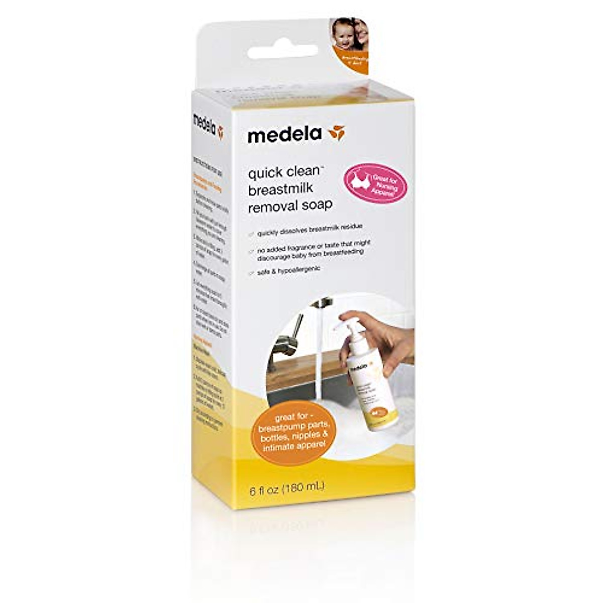 Medela Quick Clean Breast Milk Removal Soap, No Scrub Hypoallergenic Soap for Pump Parts and Nursing Apparel, Removes Breast Milk Residue Up to 3 Days Old, 6 Fluid Ounces (Pack of 1)