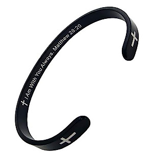 RENYILIN Black stainless steel religion quotes faith in Christian Bible verses inspiring cuff bracelets (I Am With You Always. Matthew 28:20)