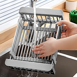 1pc Drain Rack, Stainless Steel Kitchen Basket, Home Dish Rack, Retractable Sink Shelf, 22 * 29 * 9.5cm/8.66 * 11.41 * 3.14in