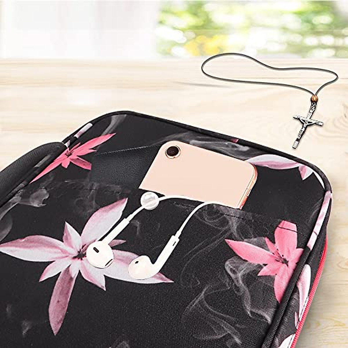 QTKJ Black Bible Covers for Women with Carrying Handle, Book Cover Case with Zipper Pocket Bible Cover for Mom Ladies Teens Girls, Red and White Floral Pattern