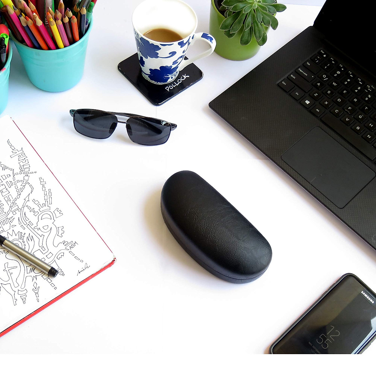 Black Hard sunglasses cases - Glasses Holder Clam Shell - Large eyeglass cases with pouch and cloth distressed Black (AS113 Black and Pouch)