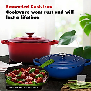 Enameled Cast Iron Cookware Set - 5 Pieces Solid Colored Braiser Dish, Fry Pan, & Dutch Oven Pot with Lids - Heavy Duty Non-Stick Kitchen Cookware Sets for Induction, Gas Stoves & All Cooktops