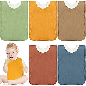 Newwiee Large Muslin Pullover Baby Bibs Full Coverage Toddler Slip on Absorbent Bib Waterproof Toddler Towel Bibs(Classic Color, 5 Pcs)