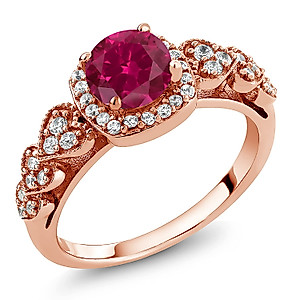 Gem Stone King 18K Rose Gold Plated Silver Round Red Created Ruby Ring For Women (1.32 Cttw, Available In Size 5, 6, 7, 8, 9)