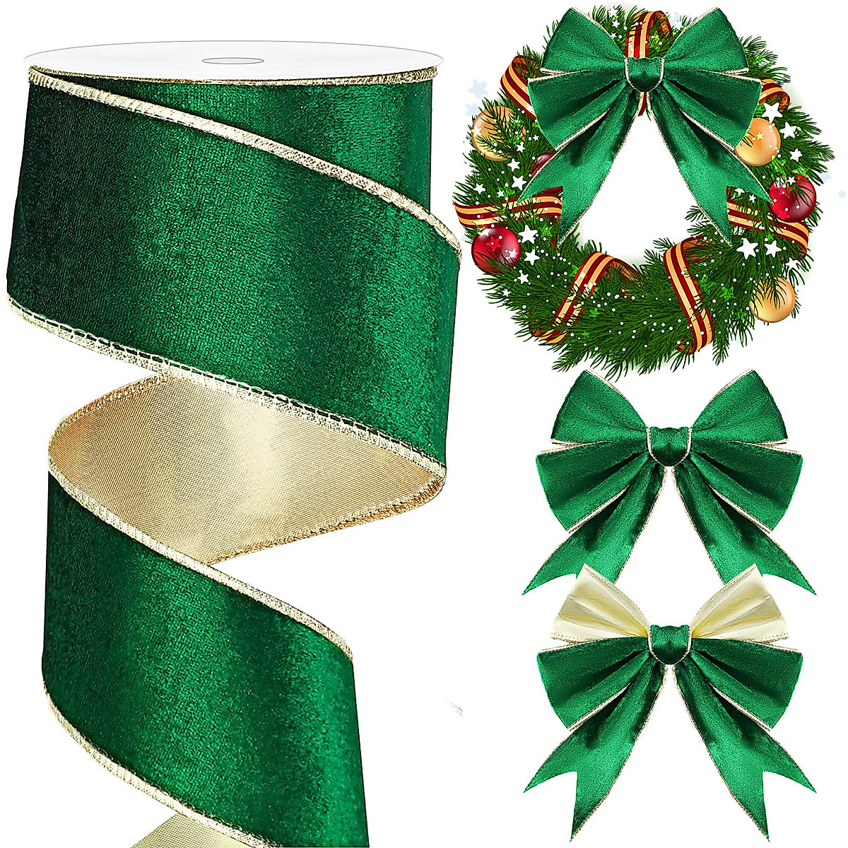 MTLEE Velvet Ribbon Iron Wired 10 Yard Gold Ribbon Soft Velvet Ribbon Fabric Gold Ribbon for Wedding Decor Gift Wrapping, Crafts, and Decorations with Metallic Gold Backing(Green Gold,2.5 Inch)