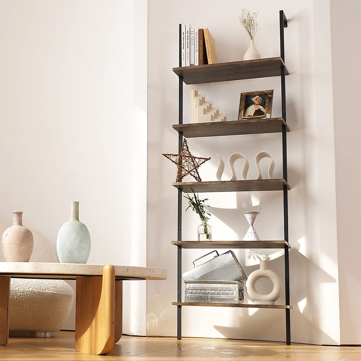 aboxoo Ladder Shelf Open Bookshelf 5-tier Wall-mounted Wood Bookcase Storage Rack Open back Industrial Modern Plant Flower Stand Utility Organizer Bookcase Metal Frame Furniture Office Kitchen Bedroom
