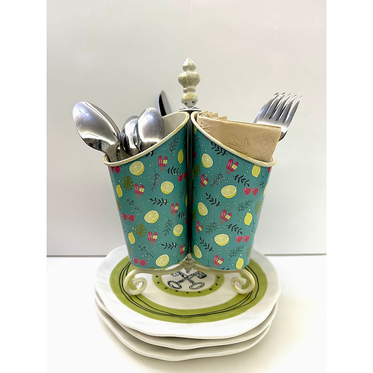 heart & home Rotating Metal Utensil Caddy, Flatware Caddy with 3 Compartments, Cutlery Storage Organizer Caddy for Countertop,Green