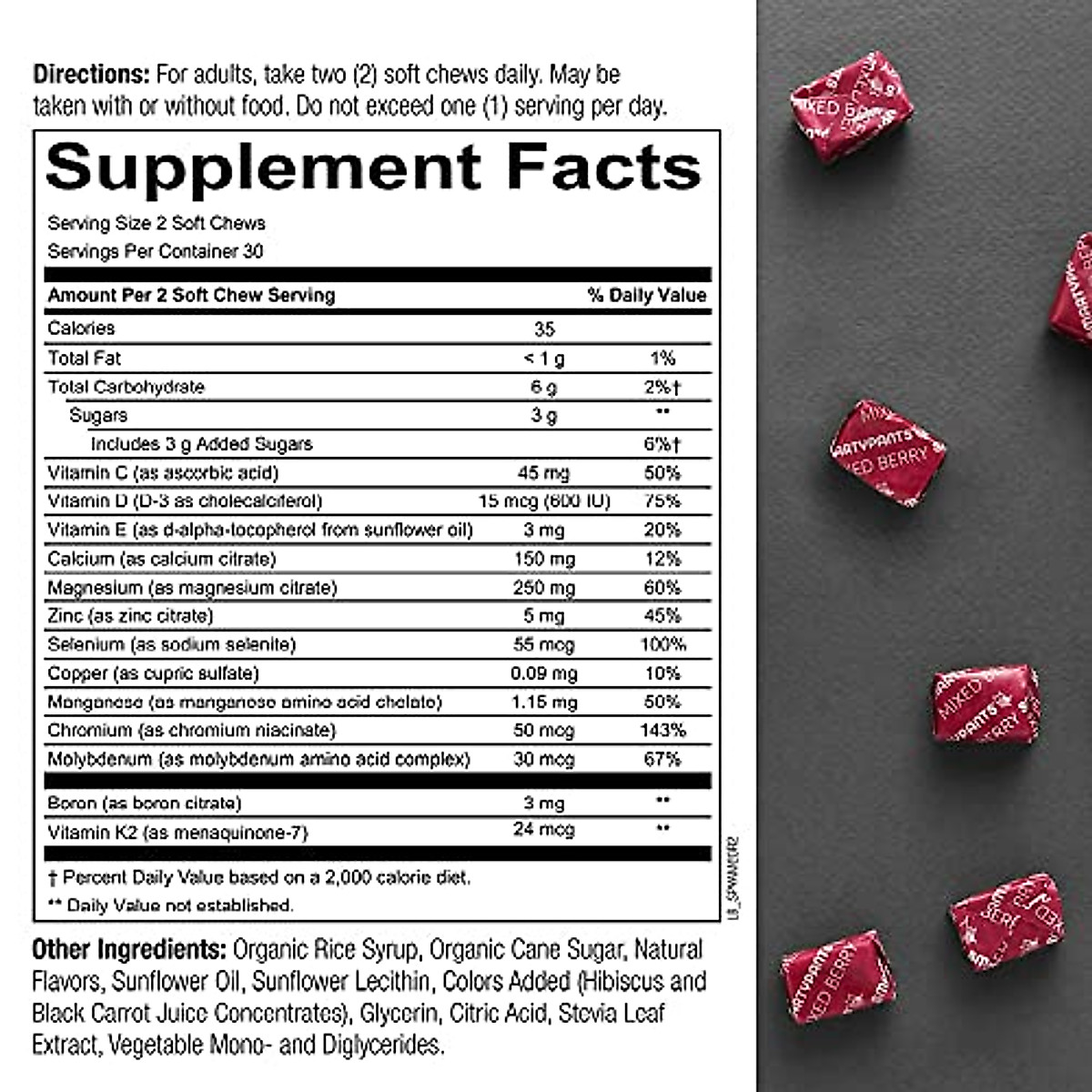 SmartyPants Adult Daily Mineral Vitamins: Calcium, Magnesium Citrate, D3, Zinc & Chromium for Immune Support, Energy, Bone & Muscle Function, 60 Soft Chews (30 Day Supply)