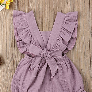 VISGOGO Toddler Baby Girl Ruffled Rompers Sleeveless Cotton Romper Bodysuit Jumpsuit Clothes (6-12 Months, Purple)
