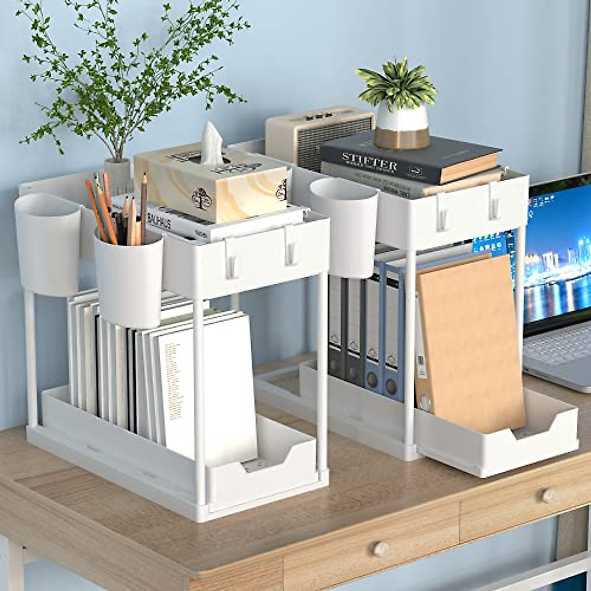 SUPPNEED 2-Tier Under Sink Organizer and Storage,Sliding Under Bathroom Cabinet Storage Drawer Organizer with Hooks, Hanging Cups, Multi-purpose Under Sink Shelf Organizer, White, 2 Pack