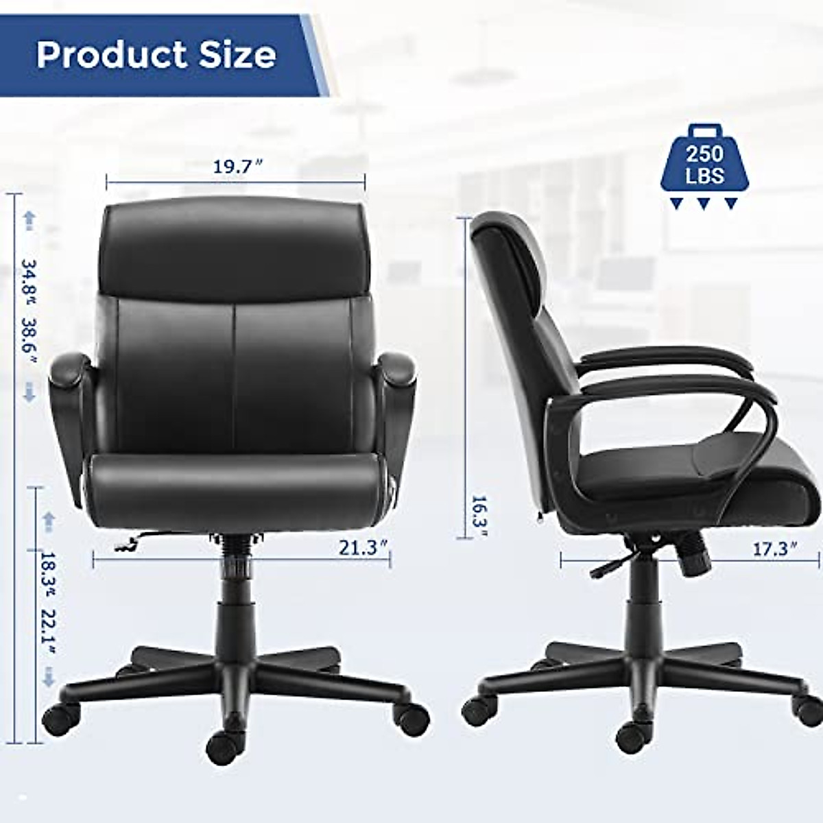 Office Chair Mid Back Desk Chair Adjustable High Ergonomic Computer Chair Soft Armrests PU Leather Chair with Lumbar Support Study Chair