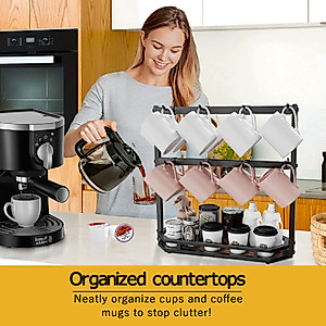 Ronjnndc Coffee Mug Holder with Movable Hooks,16 Capacity Coffee Cup Holder for Countertop, Metal Mug Tree Holder Rack with Storage Base,Home Storage Mug Organizer adjustable Heights (Black)