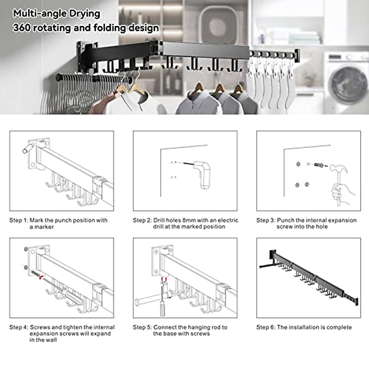 LTLWSH Wall Mounted Retractable Clothes Drying Rack, Laundry Drying Rack, Clothes Drying Rack Folding Indoor, Space Saver, Drying Rack Clothing for Balcony, Laundry,1 fold