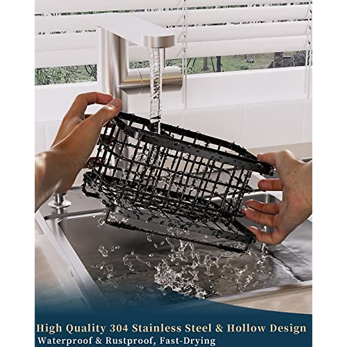 Consumest Sponge Holder Kitchen Sink Caddy Organizer, kitchen sink organizer with Drip Tray for Countertop, SUS304 Stainless Steel Rustproof Soap Sponge and Dish Brush Holder - Black