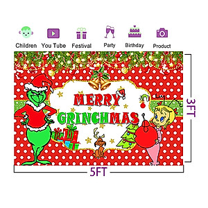 Red Backdrop for Christmas Party Supplies 5x3ft Grinch and Girl Photo Background Merry Christmas Photography Backdrop Grinchmas Banner