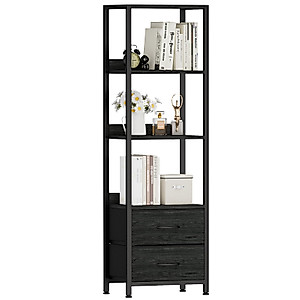 Furnulem 4-Tier Corner Shelf, Bookshelf with 2 Storage Drawers, 57.28”Tall Narrow Bookcase, Standing Shelf Organizer Unit for Living Room, Bedroom, Metal Frame, Wood Display Shelf